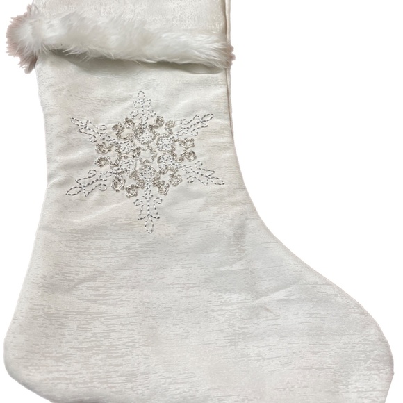 Holiday | White Satin Decorated Silver Foil Beaded Snowflakes Christmas ...